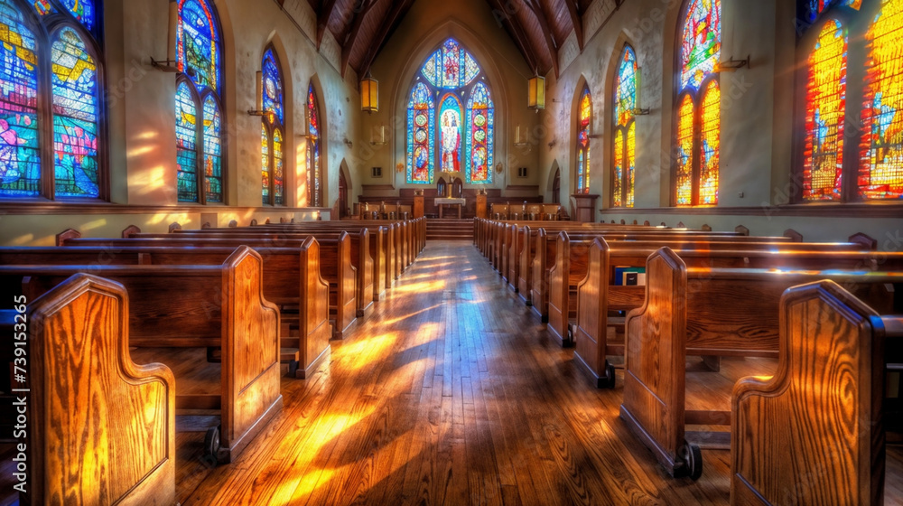 Sunlit Church Interior Featuring Stained Glass Windows, Lent Season ...