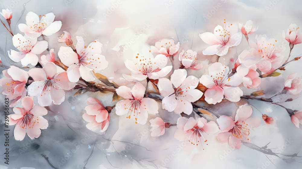 Watercolor delicate white and pink flowers spring summer, cherry apple ...
