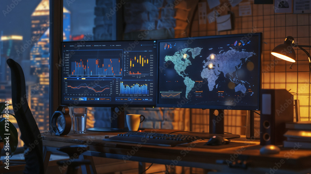 Global Data Analysis and Network Monitoring Workspace: Dual Computer Monitor Display with ...
