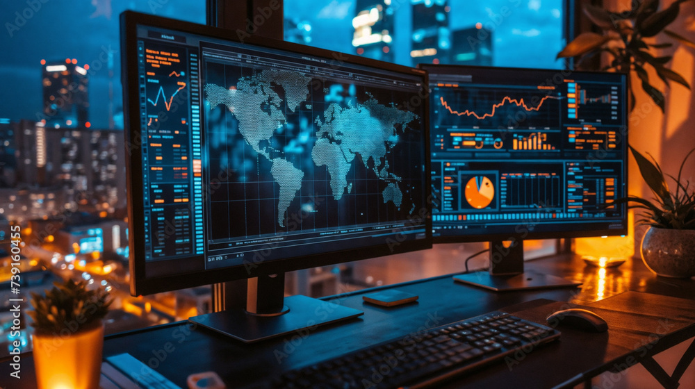 Global Data Analysis and Network Monitoring Workspace: Dual Computer Monitor Display with ...