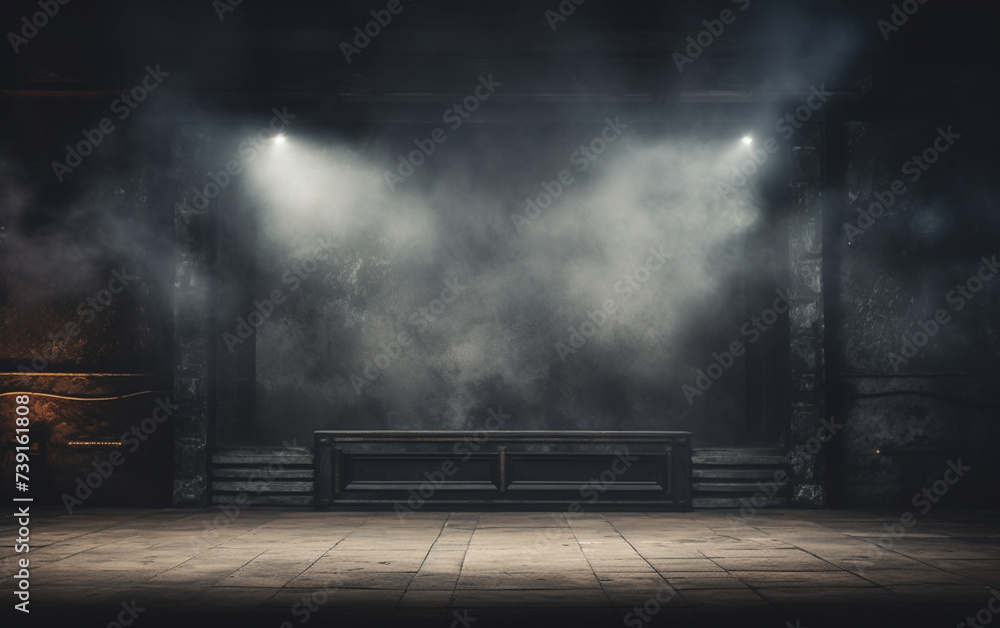 3d dark grunge display background with smoky atmosphere, Spotlights ...