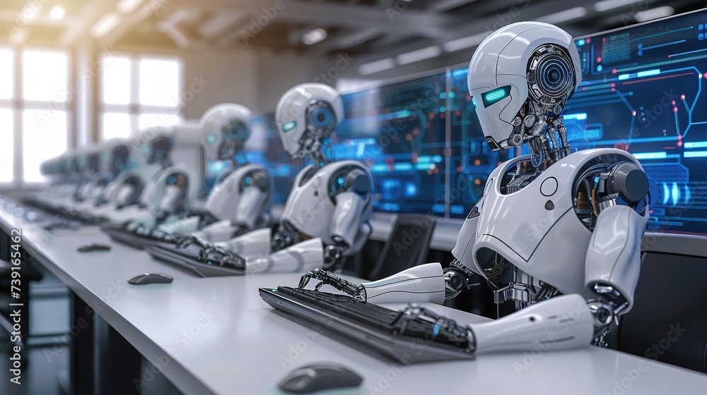 Humans and robots (AI) work together on computers in a futuristic ...