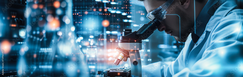 Innovative medical research with a scientist using a microscope and ...