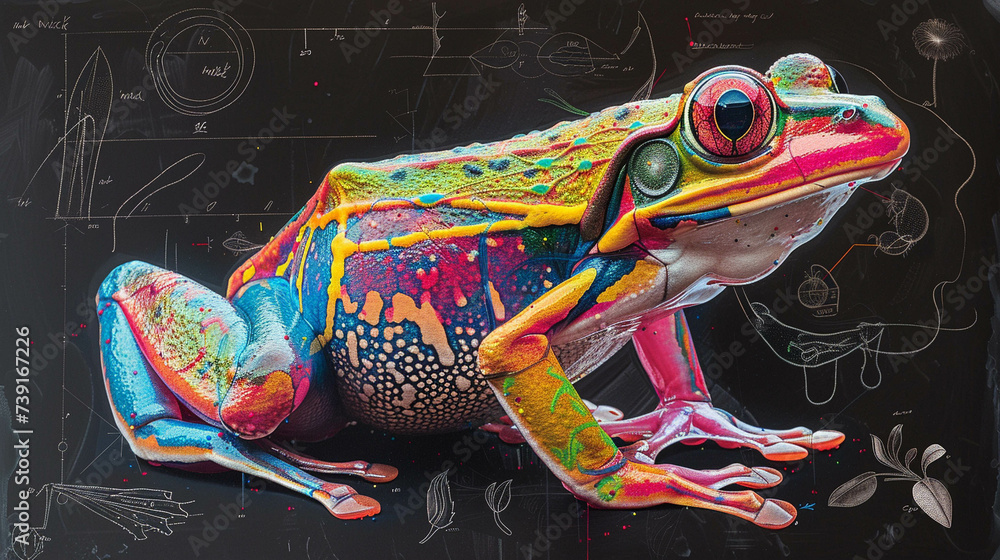Anatomy poster of a frog vibrant chalk on black detailed in the ...