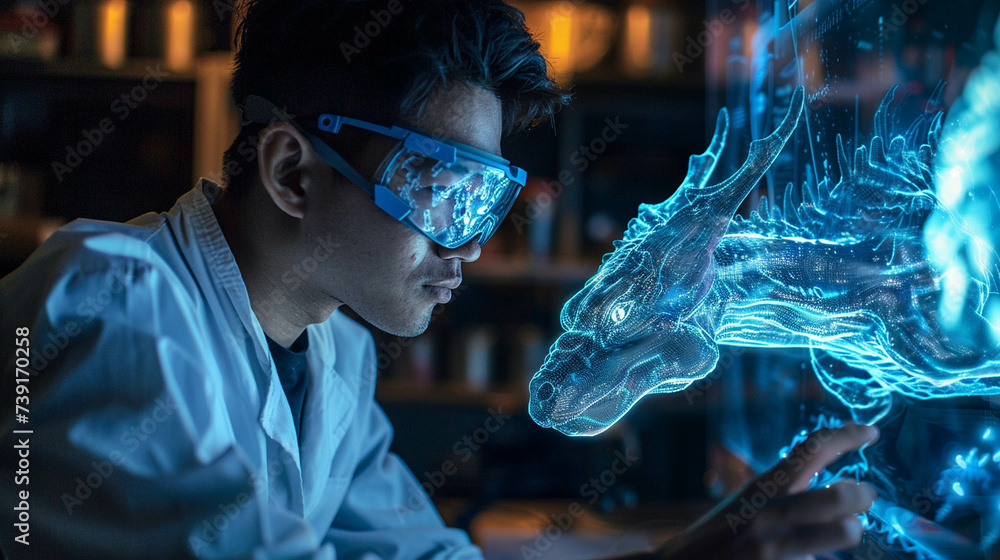 A visionary inventor at work in a hi tech lab surrounded by holographic ...