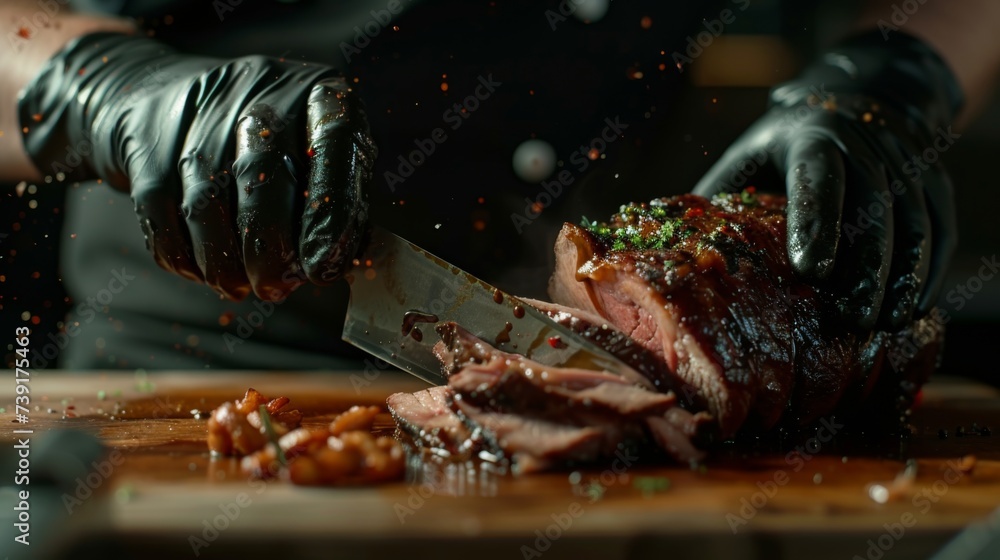 Chef in black cooking gloves using knife slicing delicious smoking lamb ...