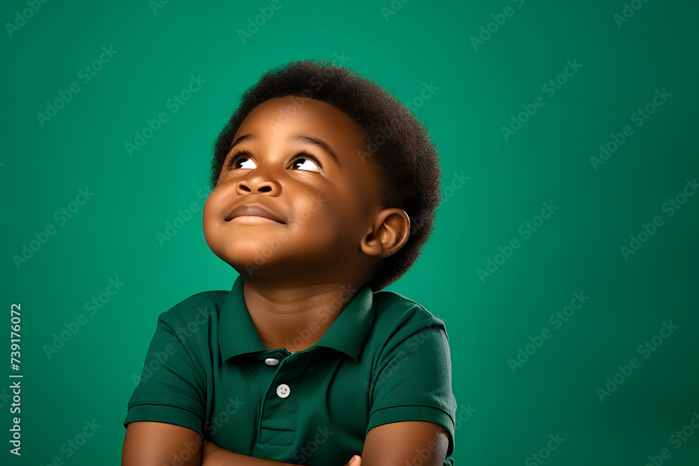 Cheerful Nigerian child deep in thought, gently touching chin ...