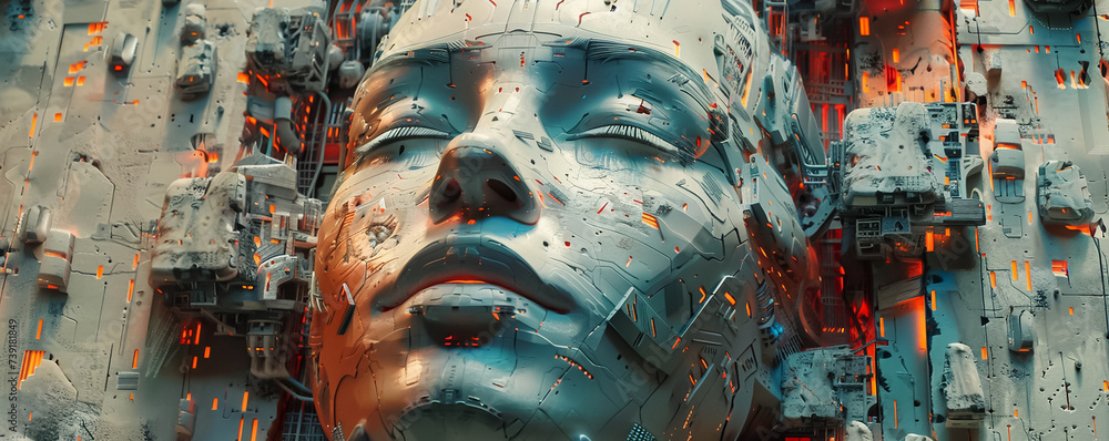 Futuristic dystopian landscape a digital human face among machines ...