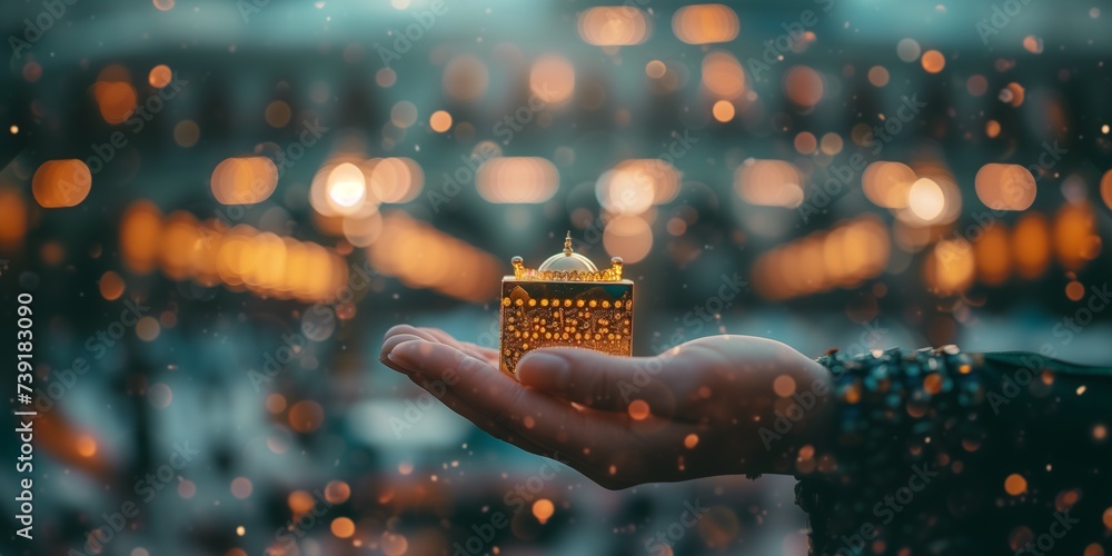 muslim hand holding miniature kaaba with mosque background. banner ...