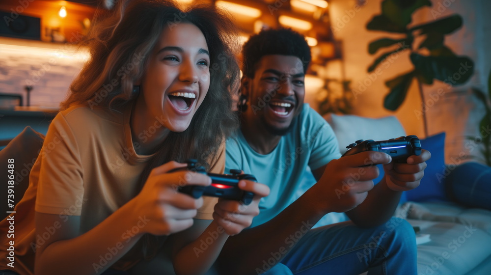 Excited friends playing video games over console at home. Enthusiastic ...