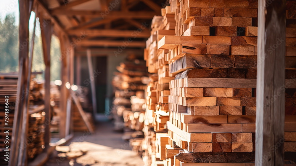 Individual stacking freshly cut wood planks in a storage shed. Sawmill ...