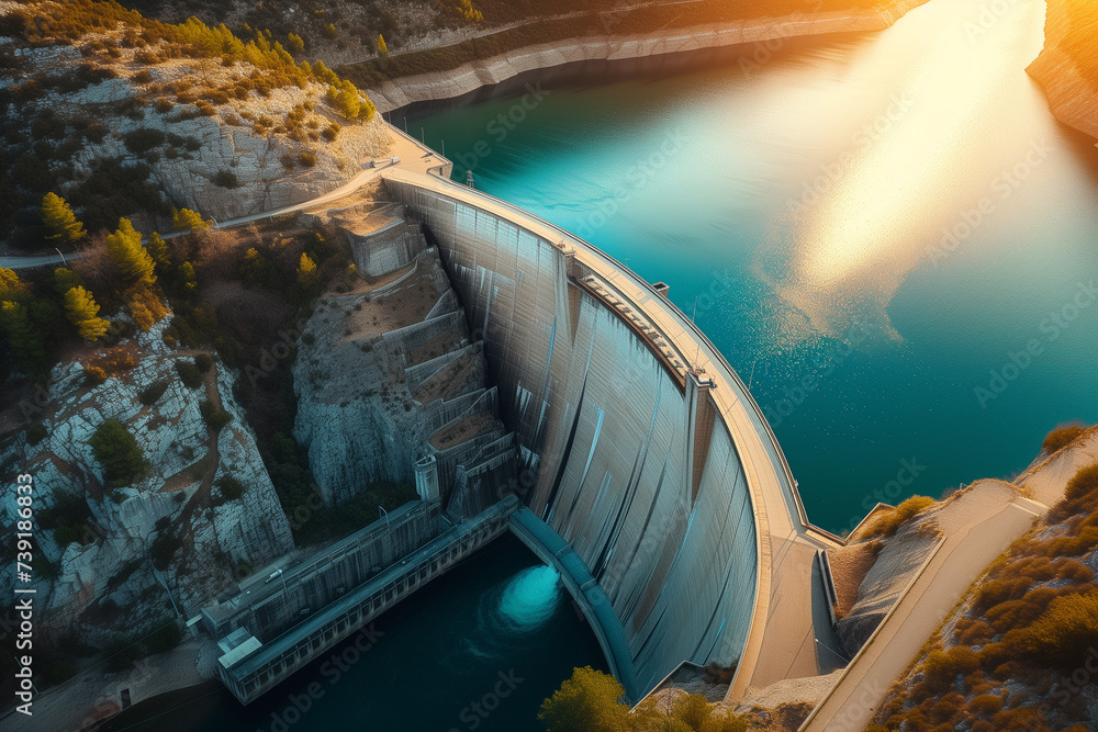 A birds eye view of a hydroelectric dam at sunrise the early light ...