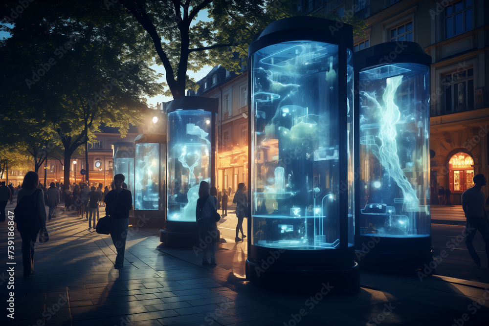 A bustling smart city street scene where pedestrians interact with ...