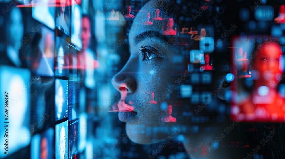 A woman's face intermingles with digital displays, depicting a collage ...