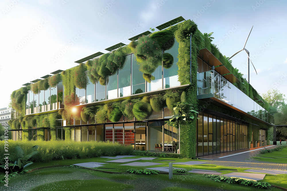 A modern green building with walls covered in living plants solar ...