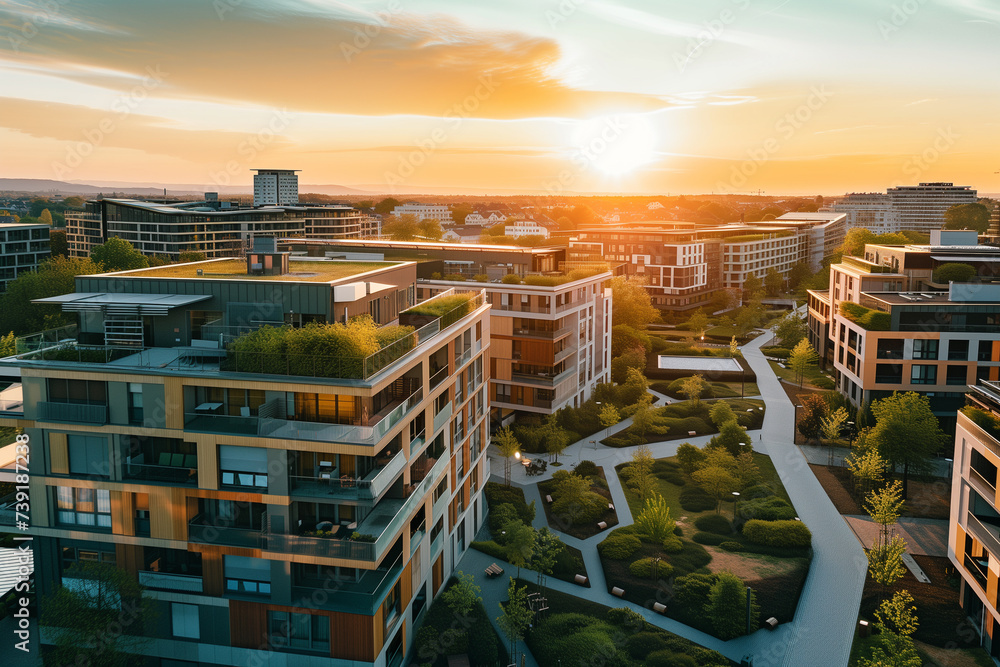 An aerial view of a green building complex at sunset highlighting its ...