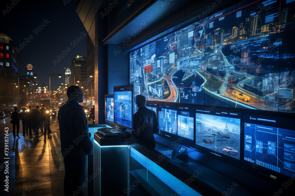 The interior of a smart citys control center where large screens ...