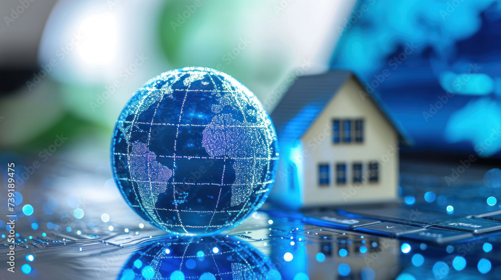 House and blue globe. Internet access concept. Digitally connected home ...