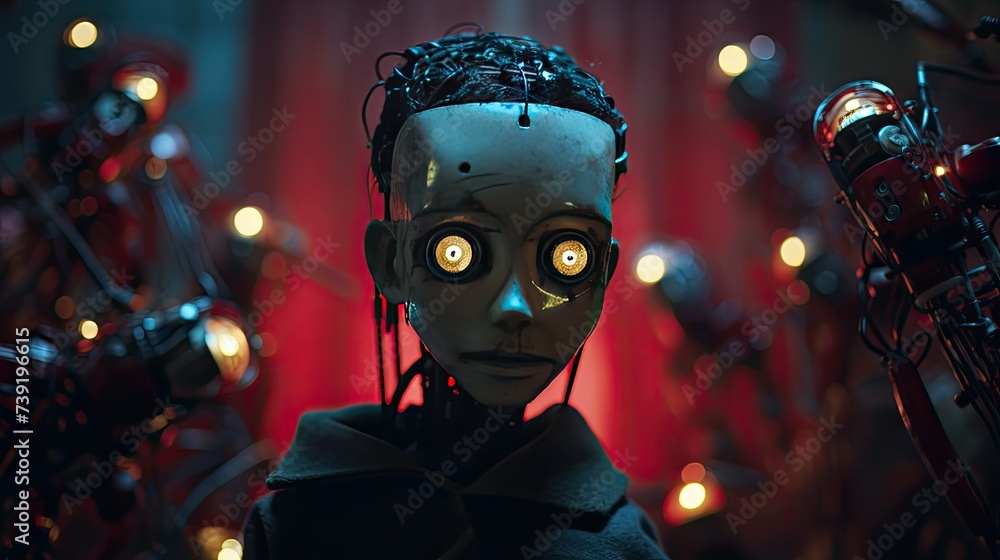 Evil android puppet portrait. Crazy villain with red eyes on a ...
