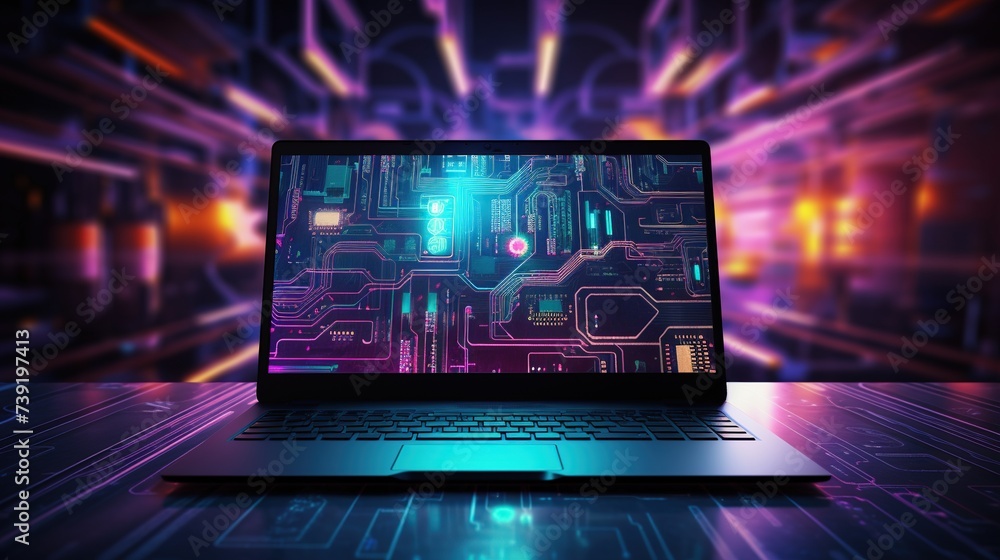 Laptop with futuristic circuit board on a screen. Computer engineer ...