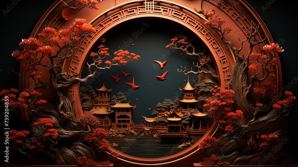 Ornate Stage Background with Japanese Elements Stock Illustration ...