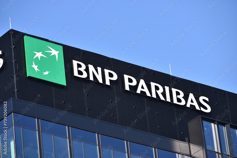 BNP Paribas bank office with signage, emblem, logo on the facade ...
