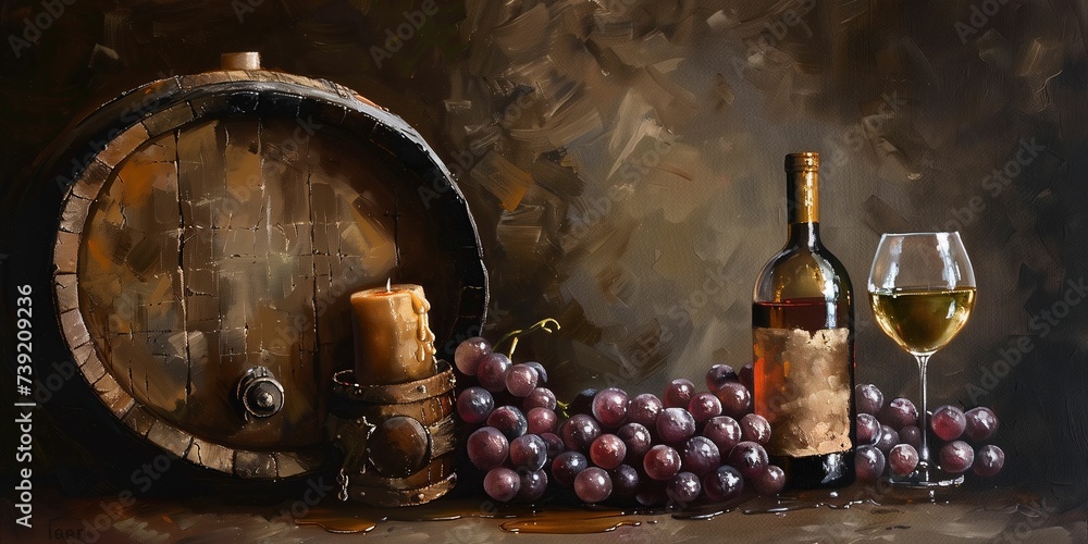 Oak barrel, wine bottle, grapes, wine glass and candle in wine cellar ...