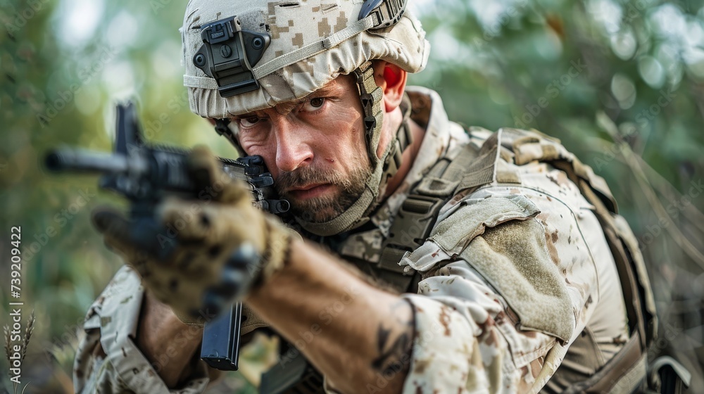A skilled soldier blends into the forest, rifle at the ready, as he ...