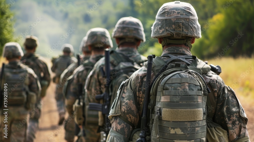 A squad of soldiers clad in military uniforms and armed with weapons ...