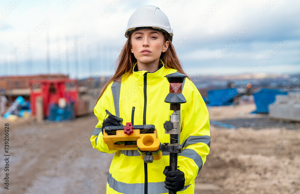 Female site engineer surveyor working with theodolite total station EDM ...