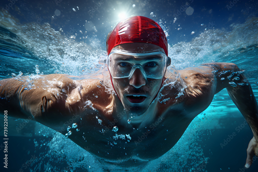 A Competitive Swimmer Showcasing Form and Focus in a Dynamic Freestyle ...