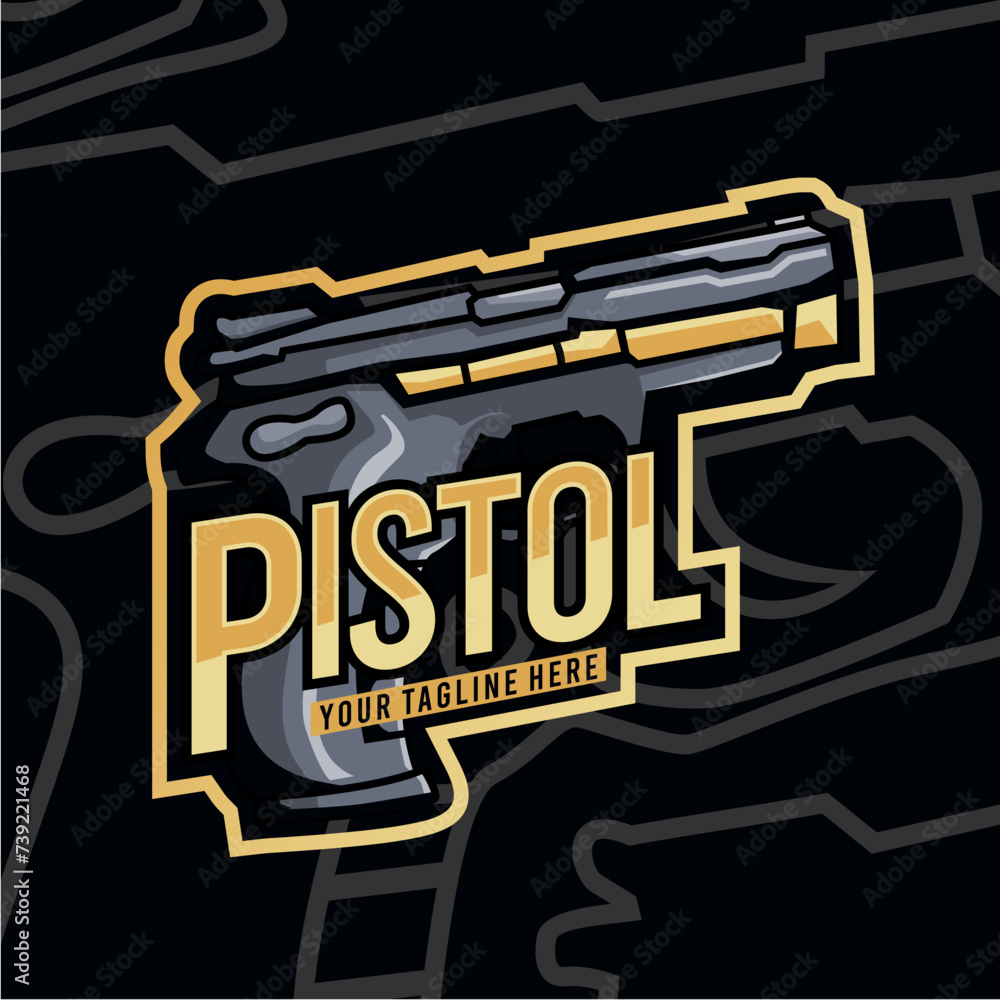 mascot style gun pistol shooting bullets in a perspective. Bullets coming at you at high speed ...