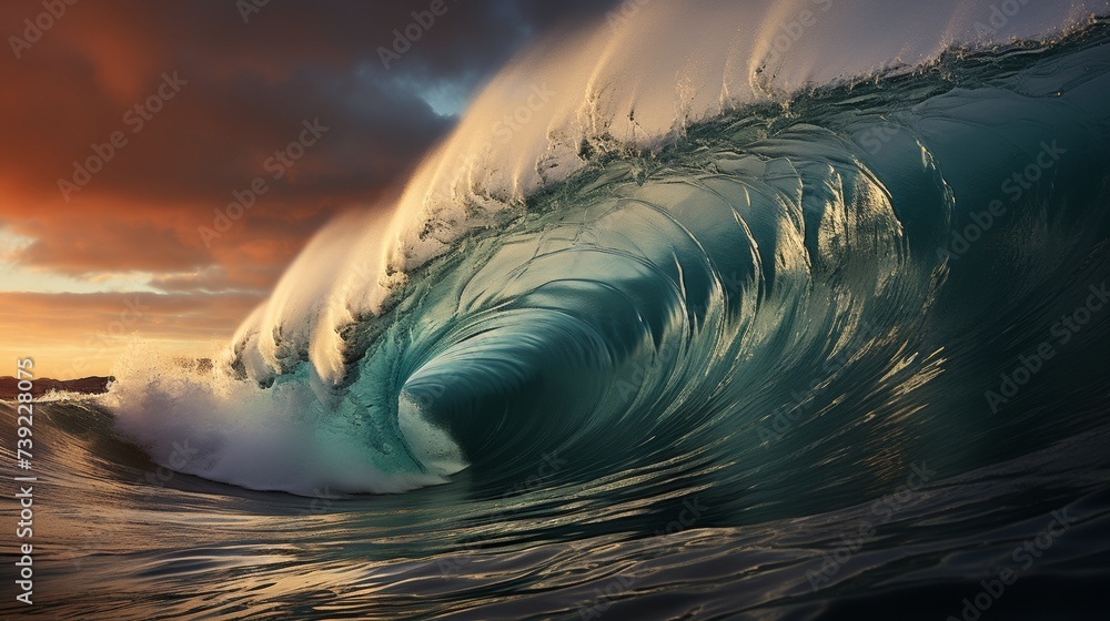 Surfer riding a massive wave, focus on the wave and the surfer's ...