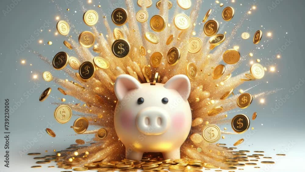 Vidéo Stock 3D render of a cute piggy bank bursting open, with ...
