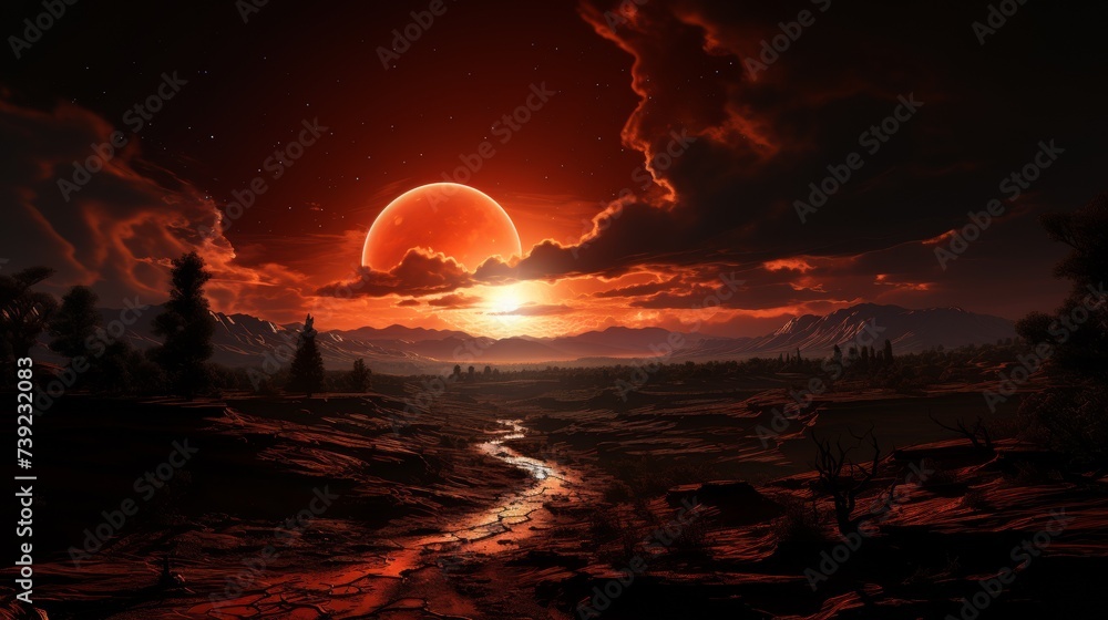 Wide-angle shot of a landscape under a full lunar eclipse, reddish hue ...