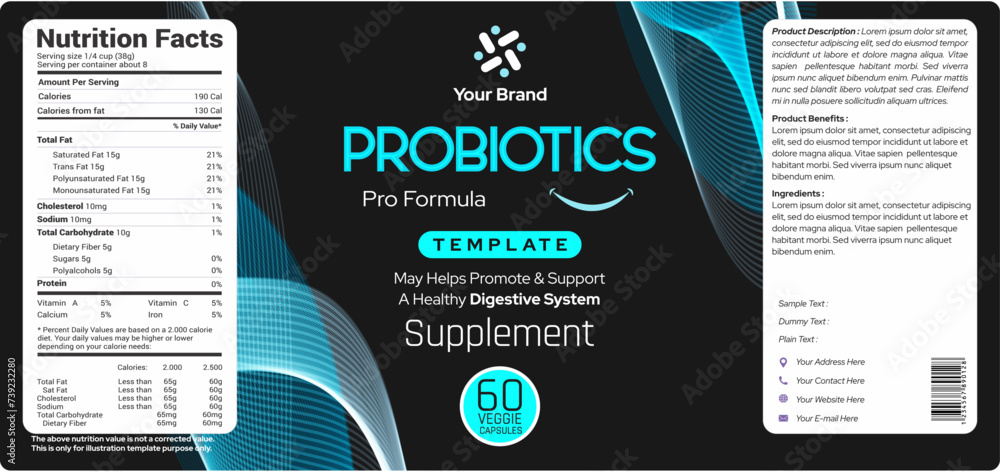 Vetor de Probiotic label design, prebiotic dietary supplement label ...