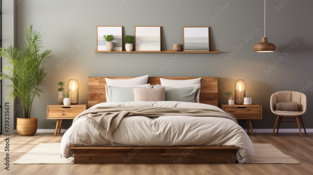 Minimalist bedroom with a low bed, monochromatic bedding, and minimal ...