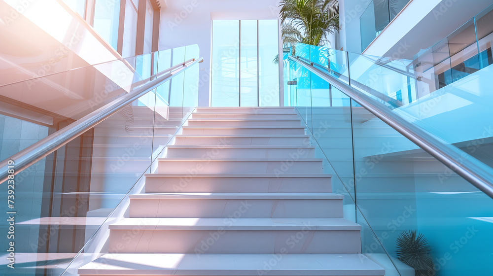 Steel handrails complement the modern design of a marble staircase ...