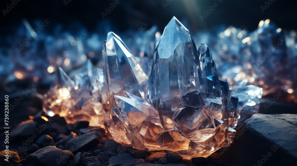 Giant crystal formations in a cavern, illuminated to reveal their ...