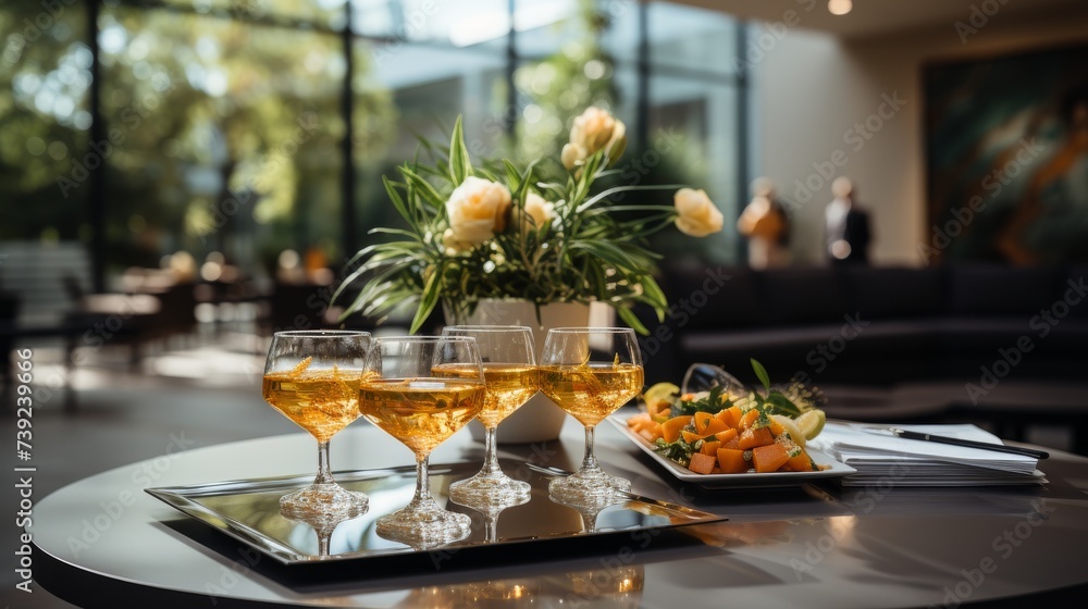 Networking event space in an office building, tables with name tags and ...