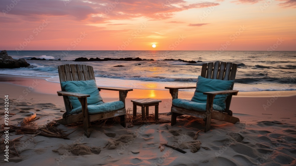 Secluded beach at dawn, two chairs facing the sea, untouched sand and ...