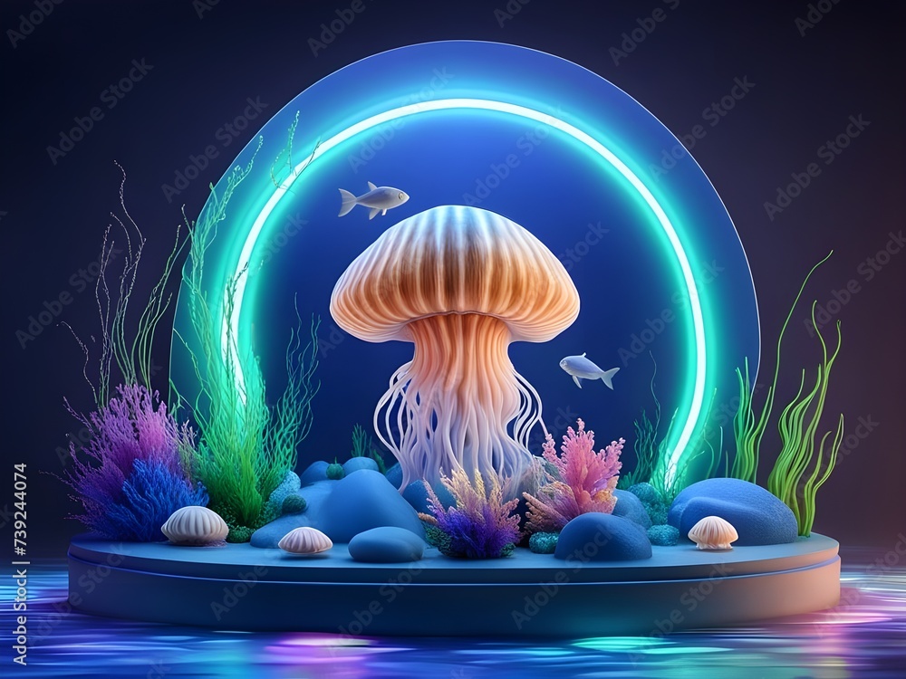 sea theme underwater blue color round empty 3D podium product display ...