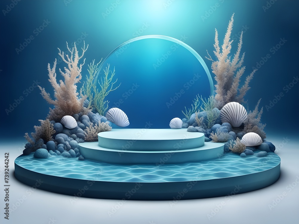 sea theme underwater blue color round empty 3D podium product display ...