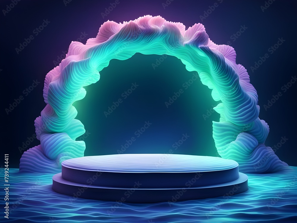 sea theme underwater blue color round empty 3D podium product display ...