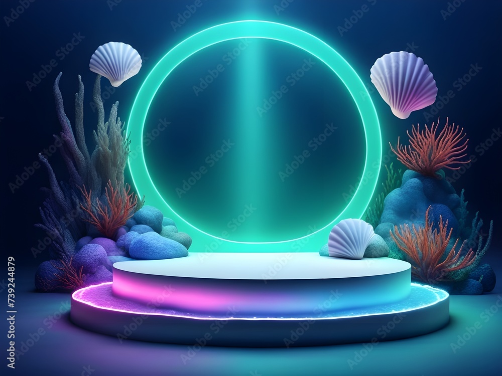 sea theme underwater blue color round empty 3D podium product display ...