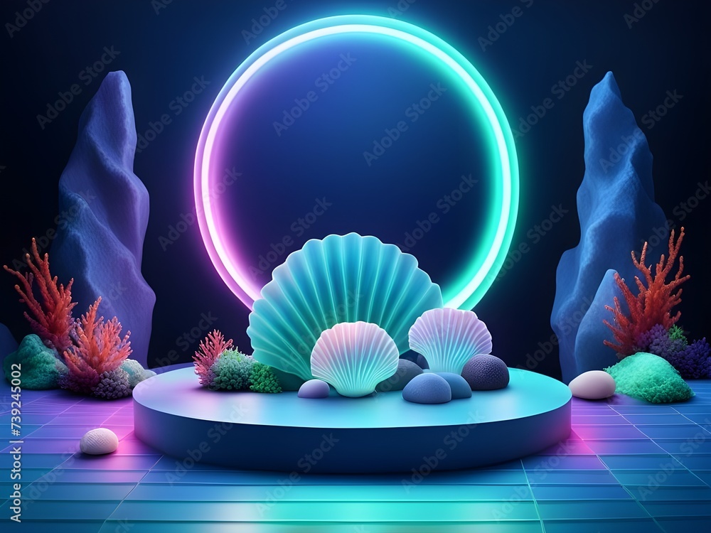sea theme underwater blue color round empty 3D podium product display ...