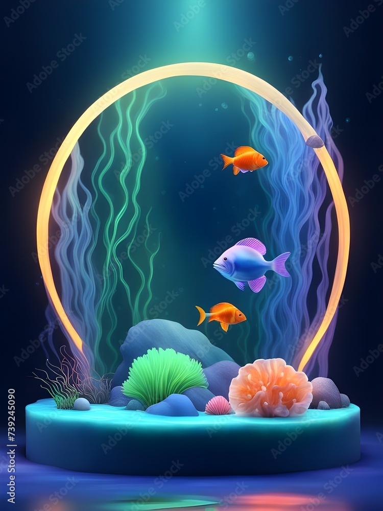 aquarium with fishes; sea theme underwater blue color round empty 3D ...