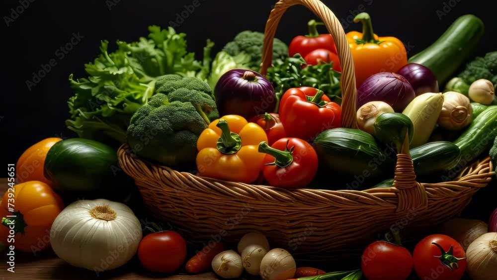 fresh vegetables beautifully arranged in a woven basket. The dark background accentuates the ...