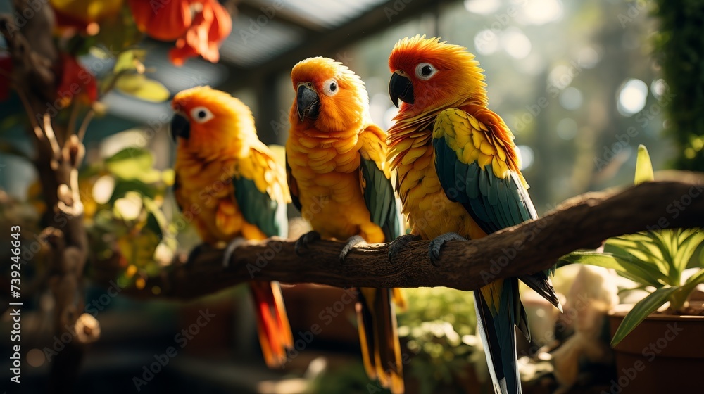Tropical bird aviary in a zoo, various exotic birds perched and in ...
