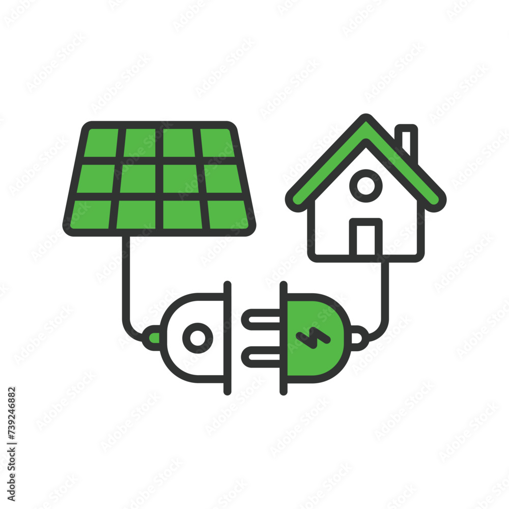 Solar system connecting to the house icon in line design, green. System ...
